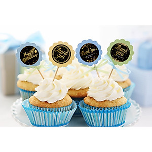 80 Pieces Black Gold Happy Birthday Thank You Stickers, Boy Girl Big Milestone Bday Party Decorate Round Party Gift Wrap Bag Label Decorations, 4 Design Stickers