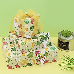 Aloha Floral Hawaiian Luau Wrapping Paper 6 Sheets, Pitaya Pineapple Orange Banana Watermelon Lemon Summer Fruit Floral Monstera Palm Turtle Leaves Tropical Island Themed Wrap Paper Sheet for Gift Wrapping, Birthday, Baby Shower, Aloha Hula Party Decorati