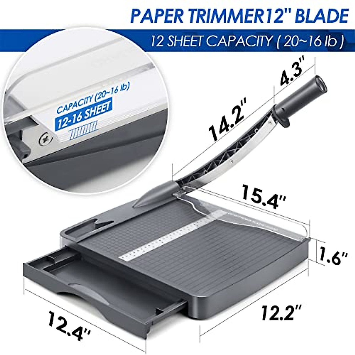 MROCO Paper Cutter 12" Cut Length Paper Trimmer, Guillotine Paper Trimmer with 12 Sheet Capacity Paper Slicer with Drawer Storage, Heavy Duty Guillotine Paper Cutters and Trimmers for Cardstock