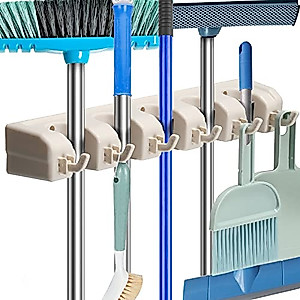 TKISZYZR Broom and Mop Holder Wall Mount, Broom Holder Wall Mounted, Mop Hanger or Garden Kitchen Garage Storage and Organization(5 Positions with 6 Hooks) (Beige)