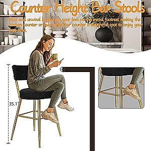 Sucrever 24” Boucle Bar Stools Set of 6, Counter Height Bar Stools with Back, Sherpa Barstools with Golden Metal Legs/Footrest, Black Boucle Bar Chairs Bar Stools for Kitchen Island, Dining Room