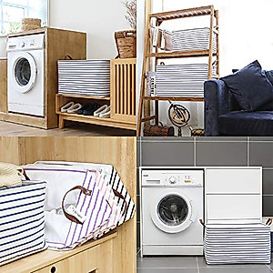 Hinwo 2-Pack 70L Extra Large Canvas Fabric Storage Bins with 77L Laundry Hamper, Navy Stripe