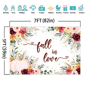 Mocsicka Fall in Love Bridal Shower Backdrop Burgundy Pink Pumpkin Bridal Shower Background Boho Autumn Bridal Shower Party Decorations Banner Photo Studio Props (7x5ft)