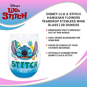 Disney Lilo & Stitch Hawaiian Flowers Teardrop Stemless Wine Glass | 20 Ounces