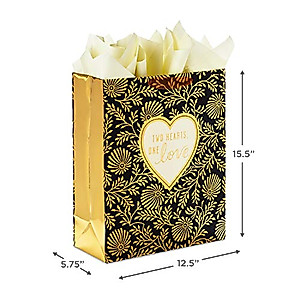 Hallmark 15" Extra Large Gift Bag with Tissue Paper ("Two Hearts, One Love" Black and Gold) for Weddings, Anniversaries, Engagements, Valentine's Day
