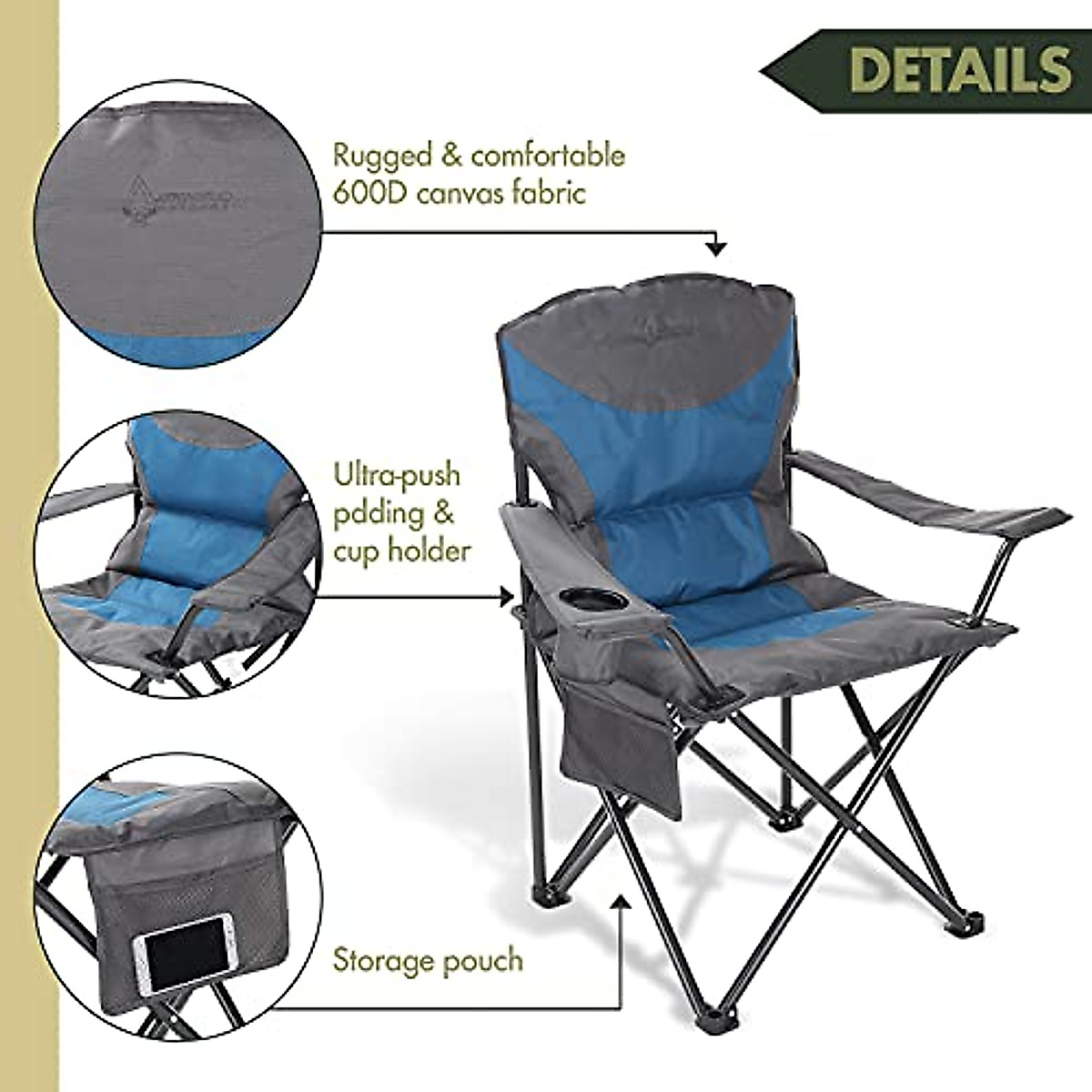 ARROWHEAD OUTDOOR Portable Folding Camping Quad Chair w/Added Ultra-Comfortable Padding, Cup-Holder, Heavy-Duty Carrying Bag, Padded Armrests, Supports up to 330lbs, USA-Based Support (Blue & Gray)