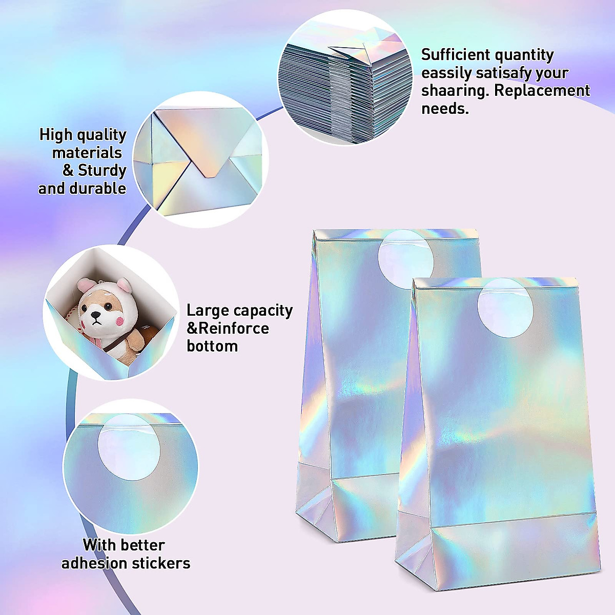 30 Pcs Iridescent Paper Gift Bag with Stickers Reusable Party Supplies Glitter Foil Holographic Paper Bag Candy Goodie Bag Gift Bags for Baby Shower Wedding Birthday Party Favors, 8.3 x 5 x 3 Inch