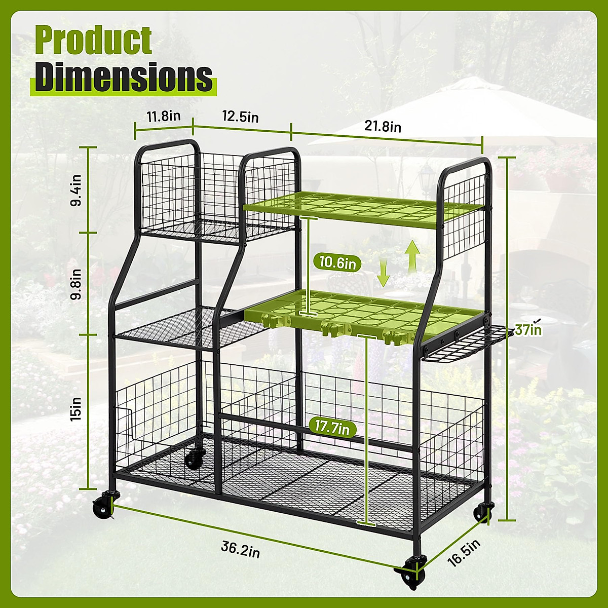 biosp 3-Tier Garden Tool Organizer for Garage, Utility Yard Tool Stand Holder Shelves with Wheels, Heavy duty Shed Tool Storage Rack with Multiple Hooks & Basket, Up to 18 Long-Handled Tools, Black