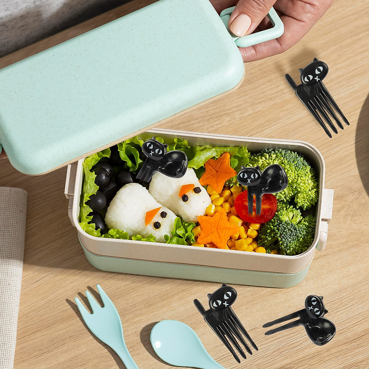 ICYANG Black Cat Food Picks for Fruit Cocktail Picks Bento Lunch Box Forks Decor Party Accessories Palillos Decorativos Comida Cute Animal Reusable Small 12 Pieces