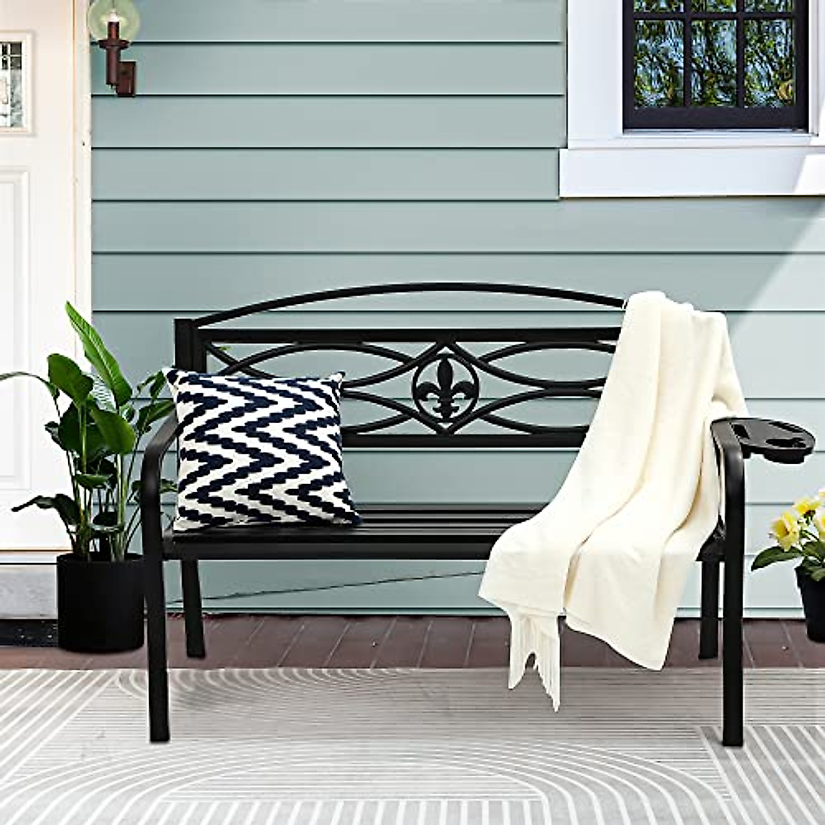 YITAHOME Outdoor Bench 50" Metal Bench with Cup Holder Spear Pattern Patio Bench with Backrest and Armrest for Porch Lawn Balcony Backyard and Indoor Black
