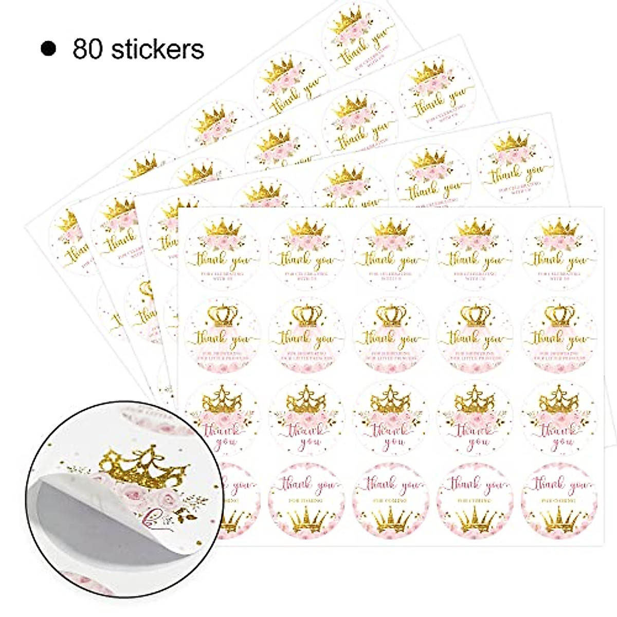 80 Little Princess Thank You Stickers, Gold Crown Birthday Party Stickers, Perfect for Girls Baby Shower Birthday Party Favors (2 Inch)