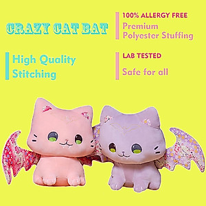 ELAINREN Crazy Cat Plush Kitten Toy with Bat Wings, Cute Kitty Stuffed Animal Floral Cat Plushie Soft Hugging Pillow Decor Furry Purple Bat Cat Dolls Gifts for Xmas,11.8''(Pink/Purple)
