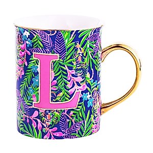 Lilly Pulitzer Initial Ceramic Coffee Mug, 14 Oz Tea Cup, Cute Mug with Gold Handle and Gift Box, L (How You Like Me Prowl)