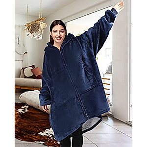 Wearable Blanket Hoodie for Adult Women Men - Oversized Hooded Blanket Sweatshirt with Giant Pocket and Elastic Sleeve (Navy Blue-Long)