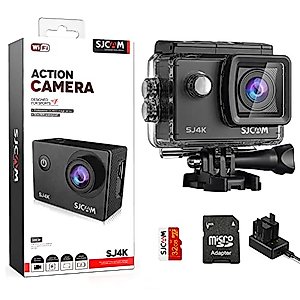 SJCAM SJ4000 Action Camera 4K30fps WiFi Camera, 40MP UHD image, 170°FOV 5X Digital Zoom, Stabilization, Underwater 98ft Waterproof Camera with 2 Batteries,32G SD Card and Helmet Mount Accessories Kits