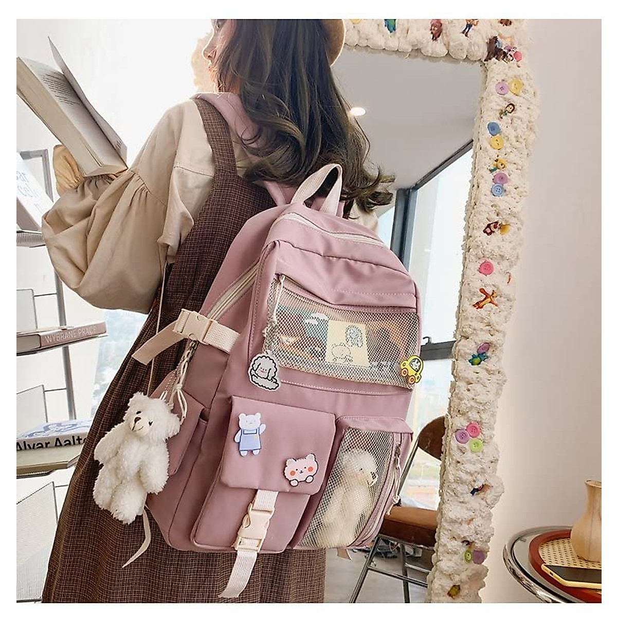 Dearsee Kawaii Backpack with Pins and Accessories, Cute Aesthetic Backpack Aesthetic