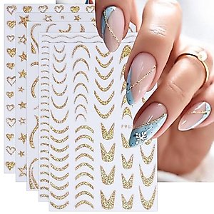 JMEOWIO 8 Sheets French Tip Nail Art Stickers Decals Self-Adhesive Pegatinas Uñas Gold Line Nail Supplies Nail Art Design Decoration Accessories