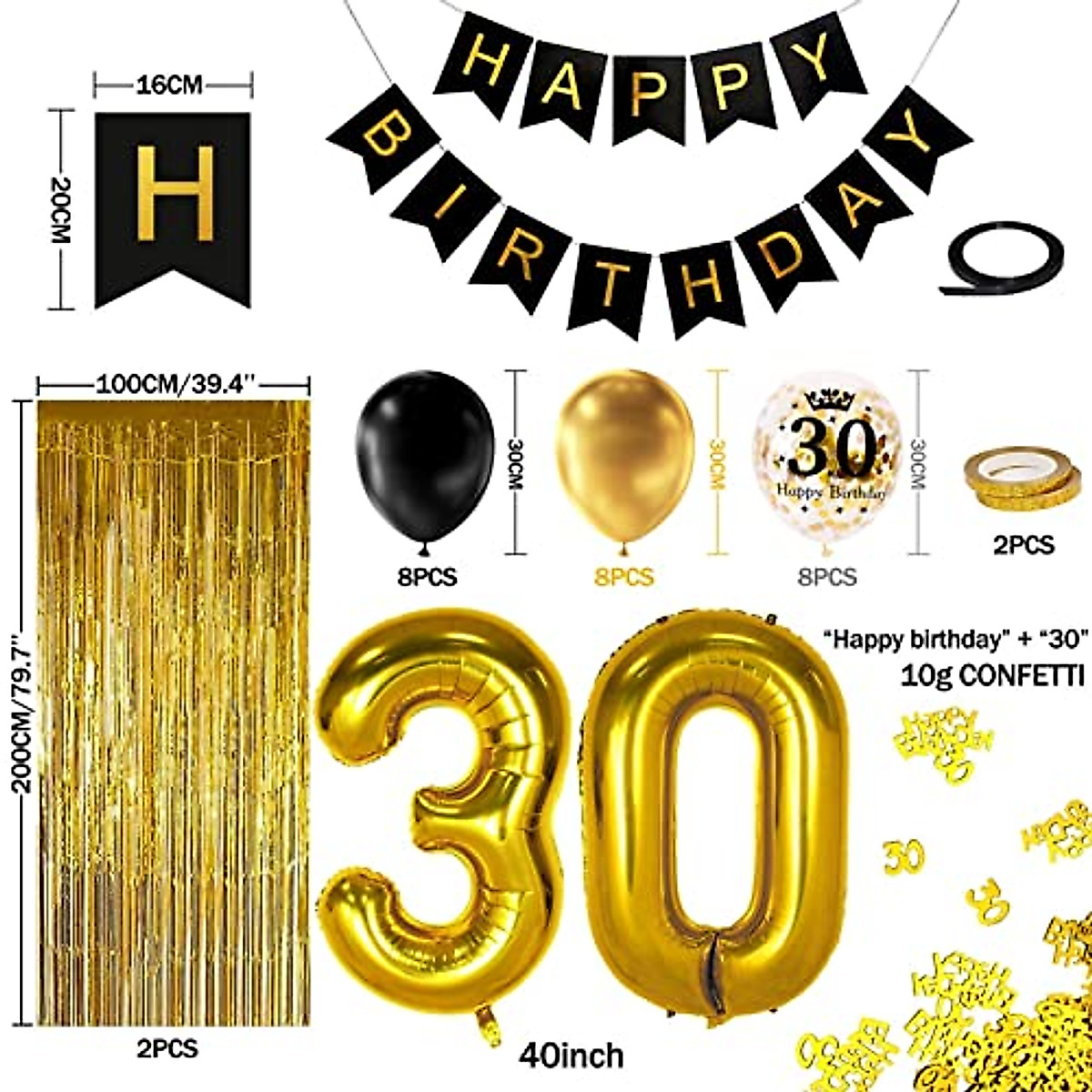 MOVINPE 30th Black Gold Birthday Party Decoration, Happy Birthday Banner, Jumbo Number 30 Foil Balloon, 2 Fringe Curtain, Latex Confetti Balloon, Table Confetti for Boy Girl Men Women Anniversary