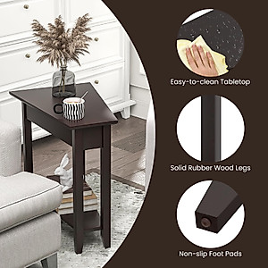 GOFLAME 2-Tier Wedge End Table, Narrow Triangle Side Table with Storage Shelf, Solid Wood Legs, Nightstand, Recliner Wedge Table for Living Room, Bedroom, Small Space, Espresso