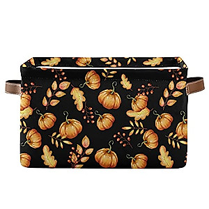 senya Thanksgiving Basket Fall Basket, Large Foldable Storage Basket with Handles Autumn Pumpkin Leaves Fall Thanksgiving Fabric Collapsible Storage Bins Organizer Bag