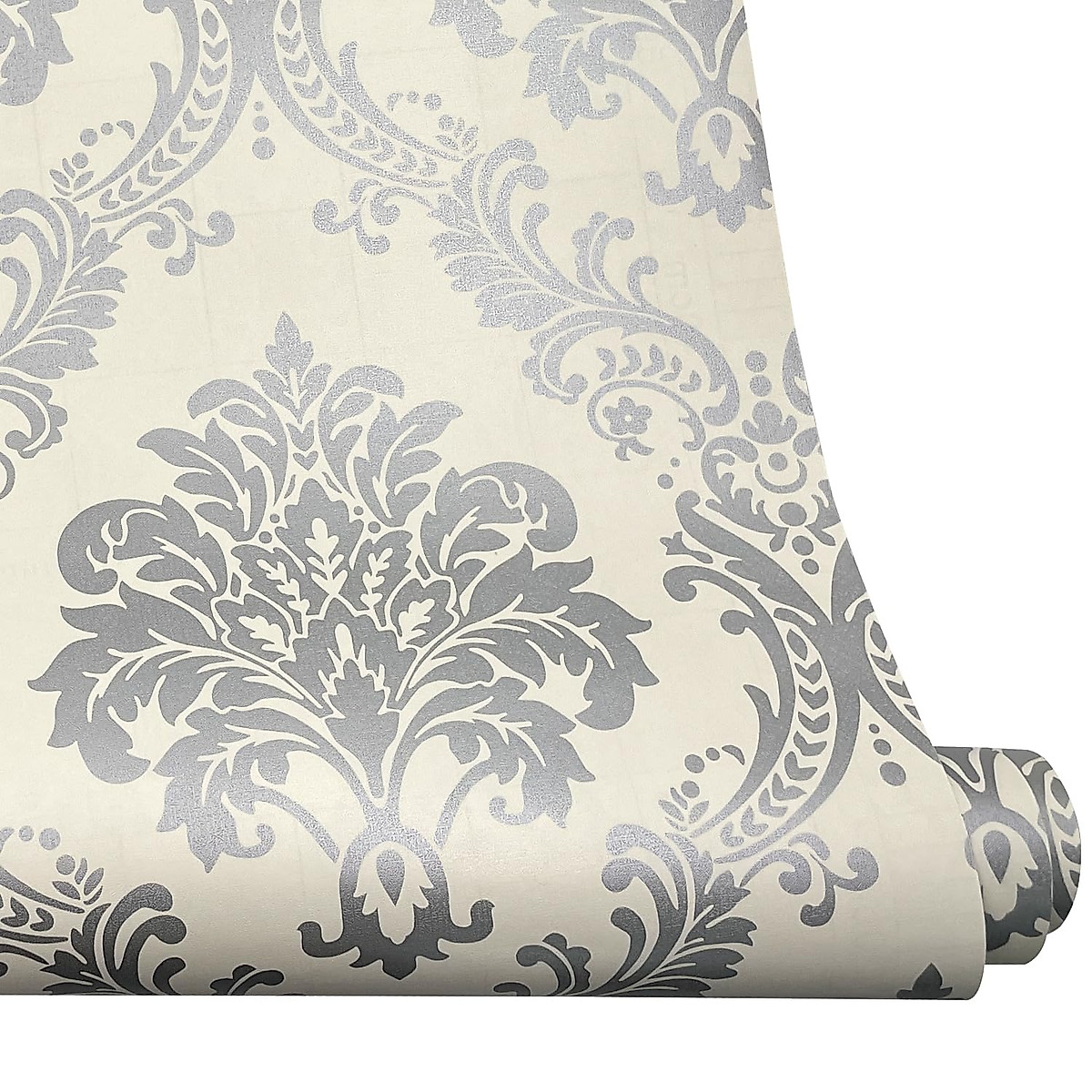 LovingWay Vintage Shelf Liner Self-Adhesive 17.7x177 Inch Drawer Covering PVC Paper Upgrade Old Furnitures Looking Grey Damask