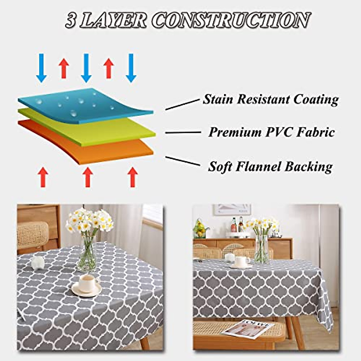 Vinyl Tablecloth Rectangle with Flannel Backing, 100% Waterproof & Oil Proof Plastic Tablecloth, Heavy Duty Table Cover for Dining Table, Indoor & Outdoor Use(Rectangle, 52" x 70" (4-6 Seats), gray)