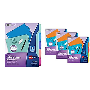 Avery Durable Plastic 5-Tab Write & Erase Big Tab Dividers for 3 Ring Binders, Pastel Brights (16270) & Big Tab Write & Erase Durable Plastic Dividers, 5-Tab Set, Multicolor Brights, 3 Sets (21212)