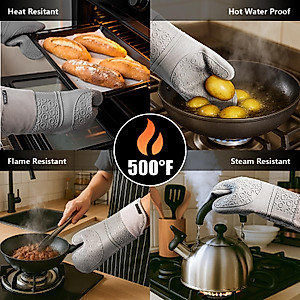Rorecay Extra Long Oven Mitts and Pot Holders Sets: Heat Resistant Silicone Oven Mittens with Mini Oven Gloves and Hot Pads Potholders for Kitchen Baking Cooking, Quilted Liner, Gray, Pack of 6