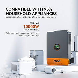 Split-Phase Solar Inverter 10000W 48V to 120V/240V, UL1741 10K Pure Sine Wave Power Inverter Built-in 200A MPPT Controller and 120A AC Charger, for Lead Acid Lithium Battery and Batteryless Run