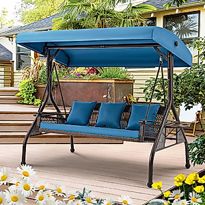 RYNSTO 3-Person Wicker Porch Swing with Adjustable Canopy, Outdoor Patio Swing with Stand, Cup Holder, Cushions, Pillow for Garden, Deck, Lawn, Back Yard (Blue)