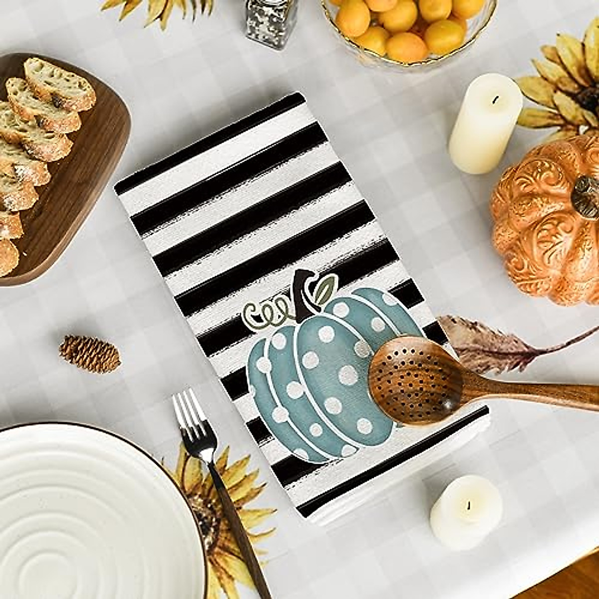 Artoid Mode Blue Polka Dot Stripes Maple Leaves Fall Kitchen Towels Dish Towels, 18x26 Inch Seasonal Hello Pumpkin Decoration Hand Towels Set of 3