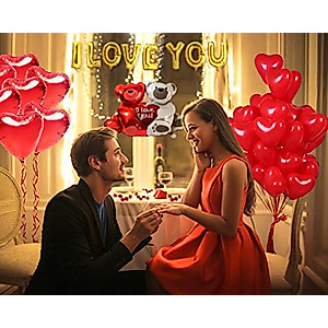 Golray 40 Pack I Love You Balloons and Heart Balloons Kit with 1000 Pcs Dark-Red Silk Rose Petals Wedding Flower Decoration Love-Bear Red Heart Balloons for Valentine Day Party Decorations