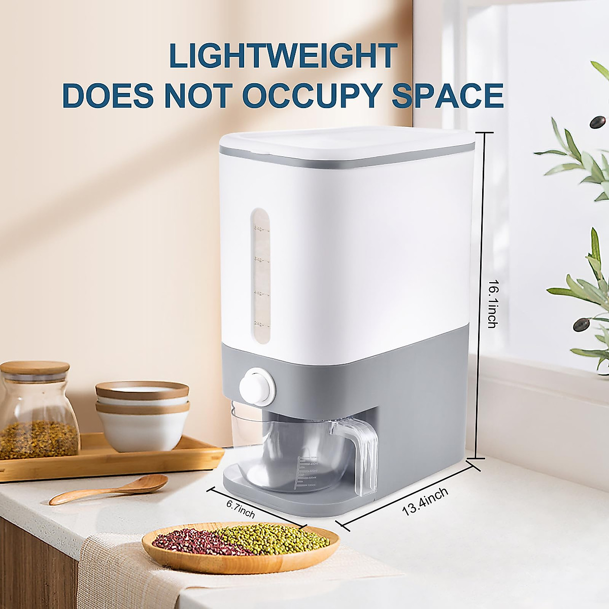 Rubtlamp 25 Lbs Gray Rice Dispenser, Rice Container with Lid, Rice Storage Container with Measuring Cup, Food Dispenser Rice Container, Storage Container for Cereal, Household Rice Bucket