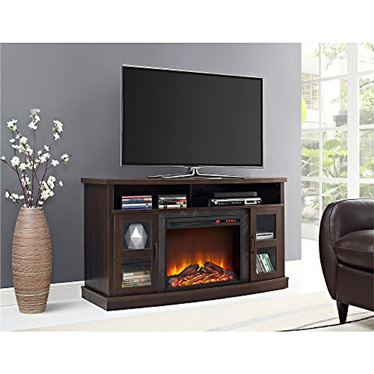 Ameriwood Home Barrow Creek Fireplace Console with Glass Doors for TVs up to 60", Espresso