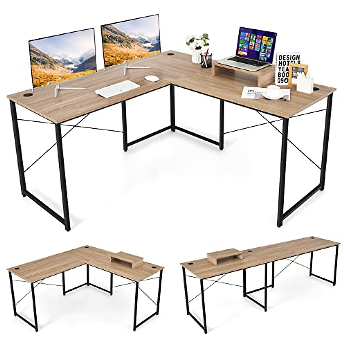 Tangkula L-Shaped Computer Desk, 95 Inch Reversible Corner Desk with Monitor Stand & 3 Cable Holes, 2-Person Long Study Writing Desk, Large Home Office Gaming Writing Workstation (Natural)
