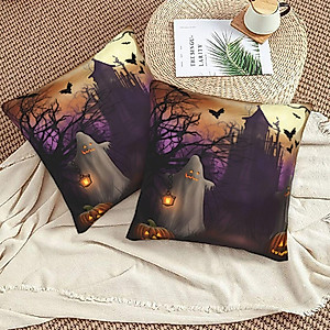 SHIRMDIY Ghost Pumpkin Moon Square Throw Pillow Covers 2 Packs, Halloween Castle Decorative Couch Pillowcase with Hidden Zipper, 16x16 Inch Double Side Print Throws Cushion Cover for Bed Sofa