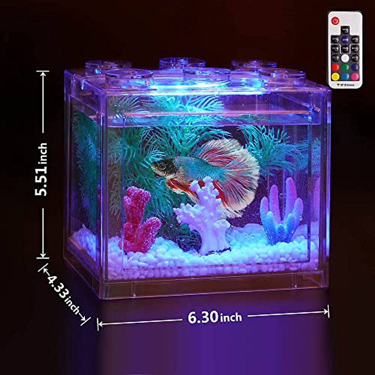 Small Betta Fish Tank, Aquarium Tank Kit with LED Lighting, 3/5 Gallon Stackable Beta Fish Tank Set, Fish Bowl Accessories for Turtle Reptile Shrimp Moss Crab Insects Habitat as Decoration