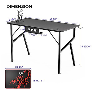 It's_Organized Gaming Desk 47 inch K-Frame Design Computer Desk, Home Office Desk Table Professional Gamer Workstation with Cup Holder Headphone Hook Controller Stand Free Mousepad, Black