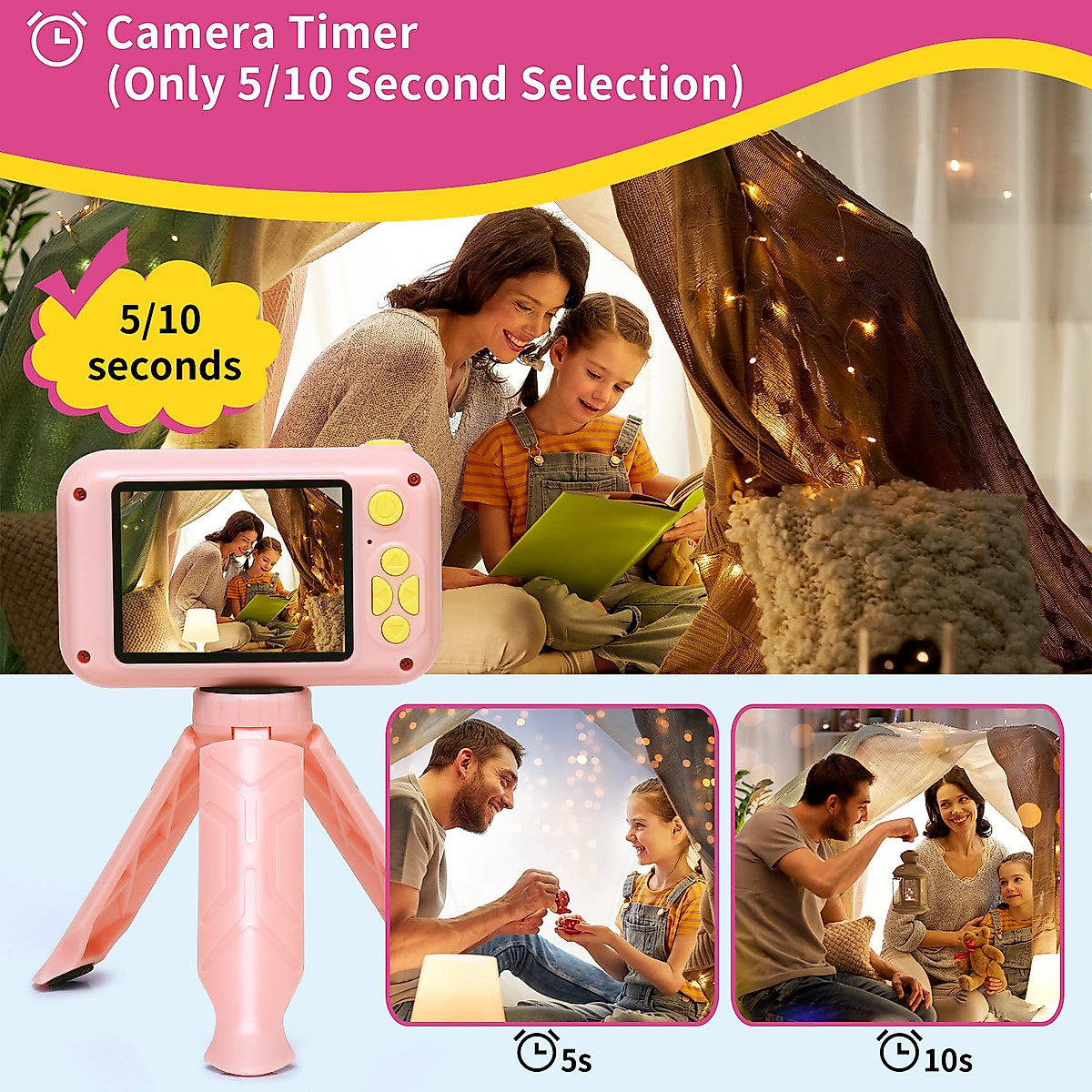 Kids Camera,2.4in IPS Screen Digital Camera,180°Flip Lens Camera,Children Selfie Camera with Playback Game,Christmas/Birthday Gift for 4 5 6 7 8 9 10 11 Year Old Girl Boy (Pink)