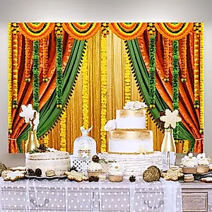 Lofaris India Pooja Photography Backdrop Puja Ganpati Pooja Traditional Mehndi Festival Background Decorations Wedding Party Marigold Garlands Photo Props 6x4ft