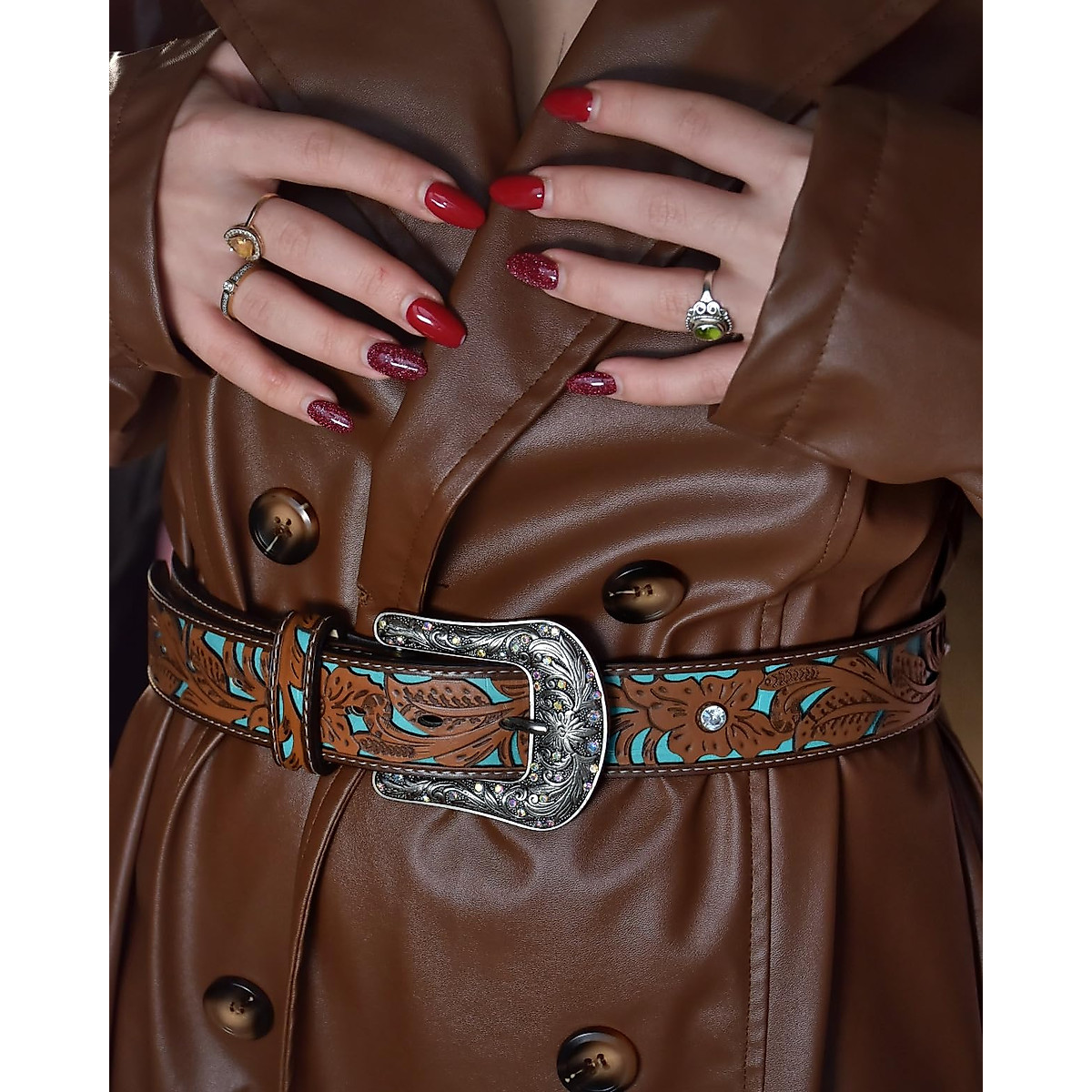 TRIWORKS Western Belts for Women Cowgirl,Cowboy Bling Country Turquoise Belts for Jeans Pants Dresses,B-Brown/Blue