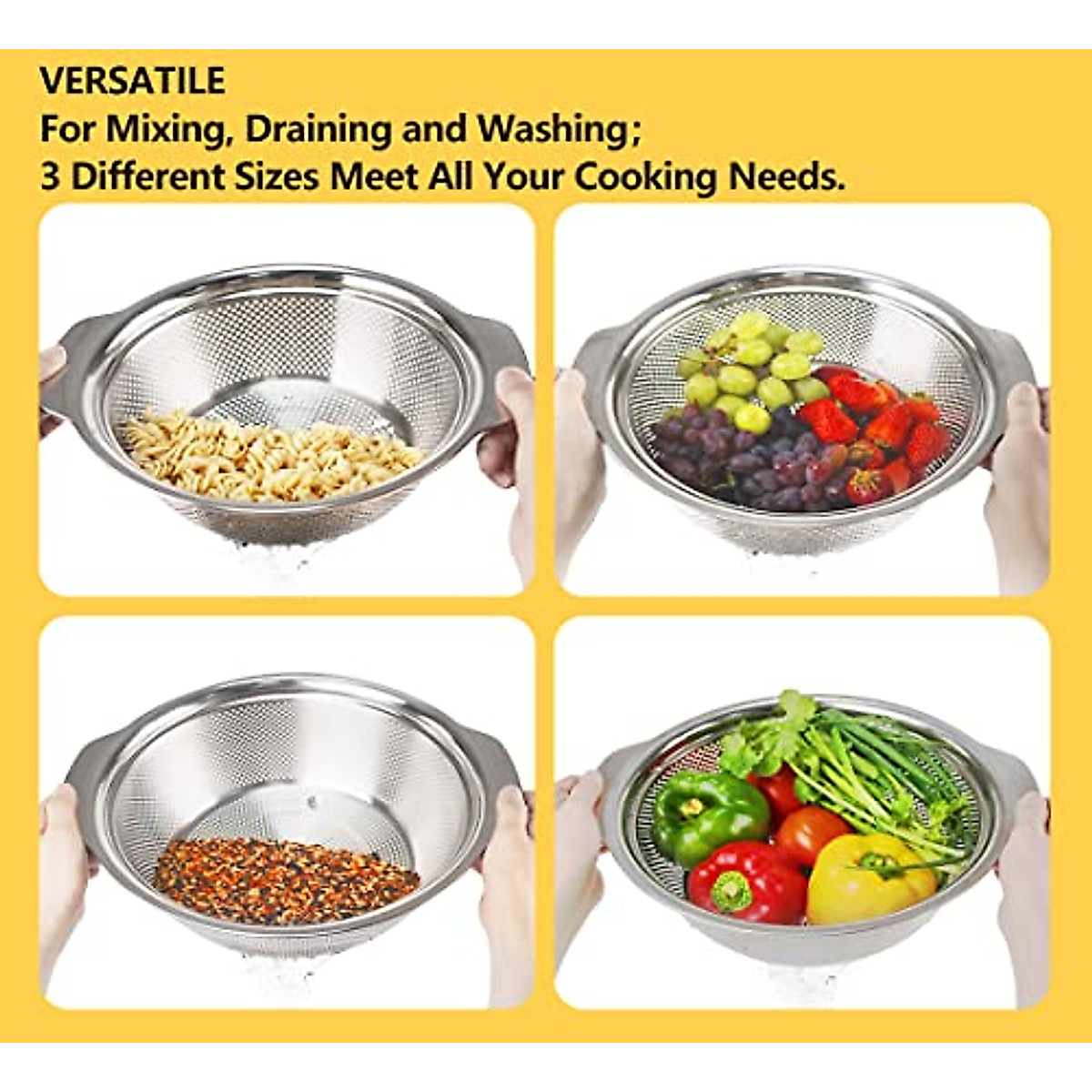 POJORY 3 Piece 304 Stainless Steel 2-3-3.5 Quart Colander Set with Handle, Micro-Perforated Strainers and Colanders, Great for Pasta, Noodles, Vegetables and Fruits, BPA Free