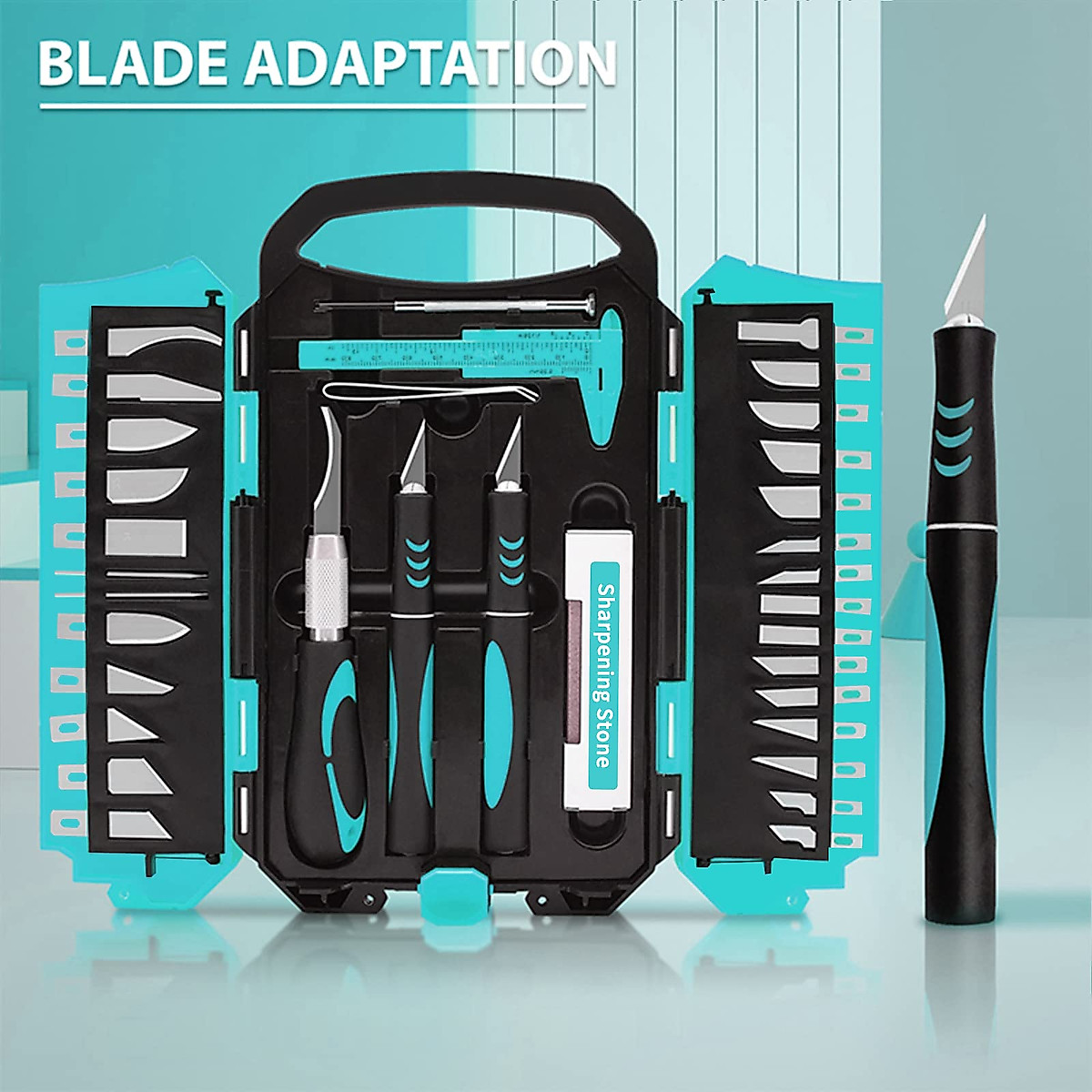 MANUFORE 34pcs Large Exacto Knife Set Blue Deluxe Craft Precision Knife Set Include 3pcs Craft Knives with Anti-Slip Rubber Grip, 25pcs Different Blades, 2pcs Needles, Sharpening Stone, Screwdriver