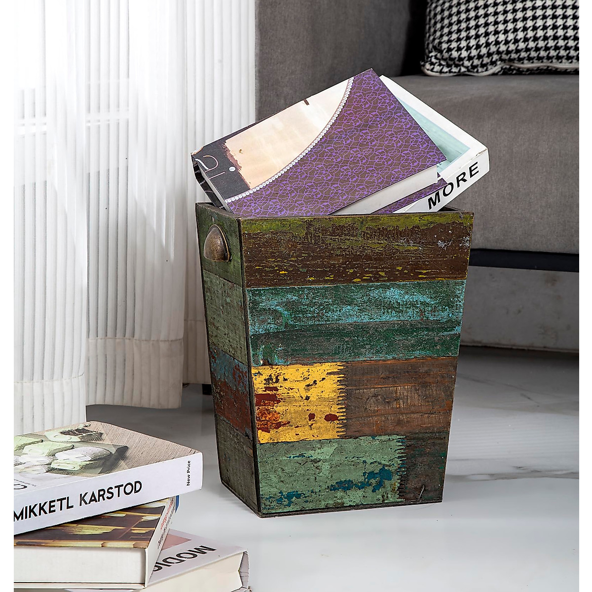 TIMRIS Small Wood Trash Can Wastebasket, Farmhouse Rectangular Garbage Can Waste Basket, Rustic Distressed Boho Wooden Trash Recycling Bin with Metal Handles, Reclaimed Wood Storage Basket (Random)