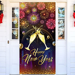 2023 Happy New Year Door Cover New Years Eve Party Supplies Happy New Year Background Banner for Front Door Decor Photo Supplies Indoor Outdoor (Fireworks)