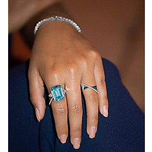 Samie Collection Princess Diana 20ctw Emerald Cut Simulated Gemstone in Aquamarine-tone, Emerald-tone, Garnet-tone Cocktail Ring for Women Inspired by Royal Wedding in White Gold Plating, Size 5-10