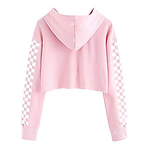 Imily Bela Kids Crop Tops Girls Hoodies Cute Plaid Long Sleeve Fashion Sweatshirts Pink
