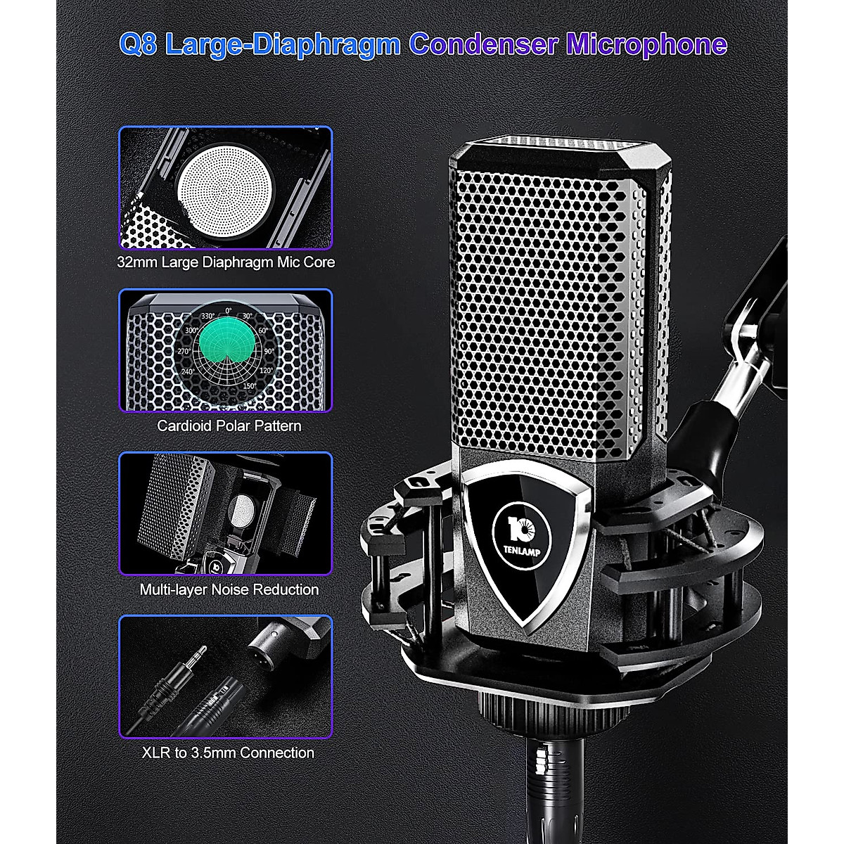 Podcast Equipment Bundle, tenlamp Q8 Podcast Microphone with Sound Board Voice Changer Mixer Controller, Studio Live Sound Card Kit for PC Smartphone Recording Live Streaming