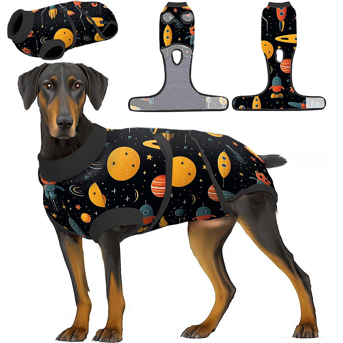 PetWarm Surgery Recovery Suit Male,Hooded Dog Inner Clothes,Substitute E-Collar & Cone Anti-Licking Dog Surgery Recovery Suit Soft Dog Bodysuit for Small Medium Large Dogs,Cosmic Pattern,Black Gold,S