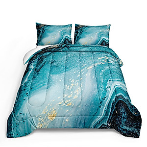 Bedbay Blue and Gold Marble Bedding Comforter Set Queen Size Teal Bedding Boys Girls Queen Duvet Set 3 Pcs Modern Marble Texture Quilt Set Bedroom Guest Room Decor Soft and Lightweight(Blue,Queen)